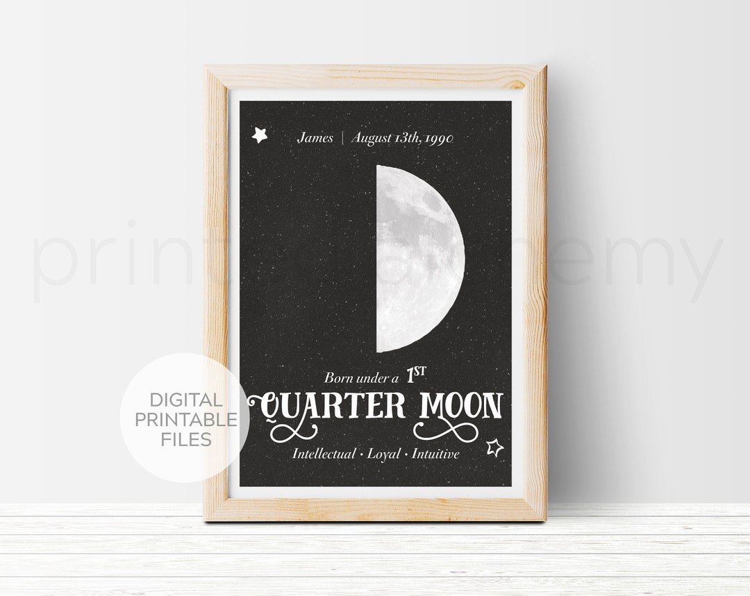 First Quarter Moon Printable Art Customizable Birthday Moon Phase Gift ...