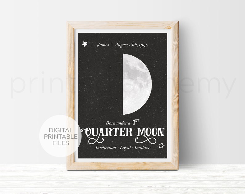First Quarter Moon Printable Art Customizable Birthday Moon Phase Gift ...