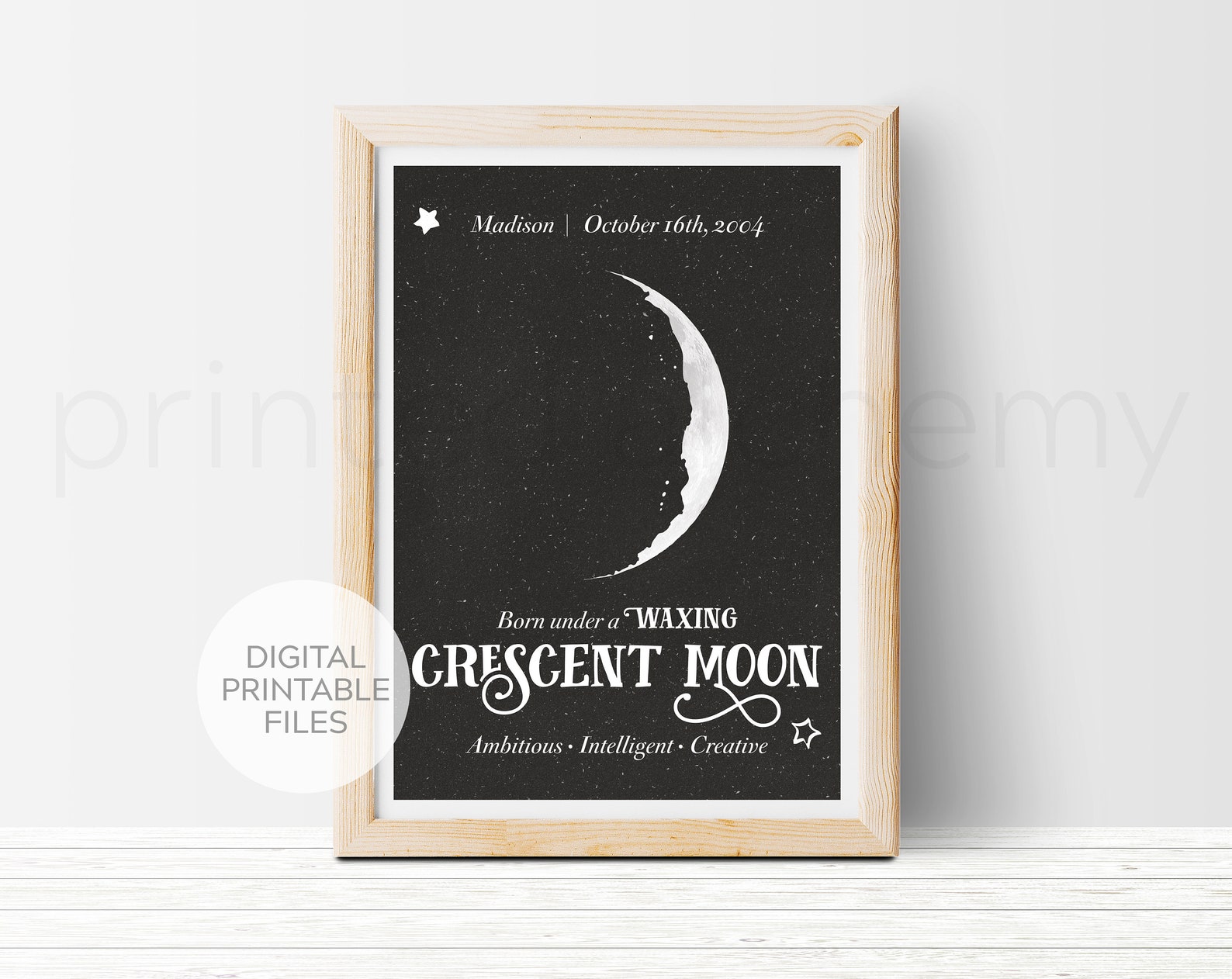 Waxing Crescent Moon Printable Art Customizable Birthday Moon Phase ...