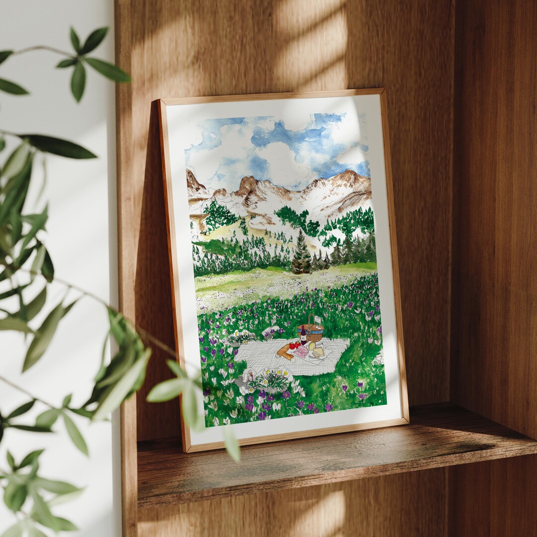 Swiss Alps Spring Meadow Art Print, Pen & Ink Watercolor - Etsy
