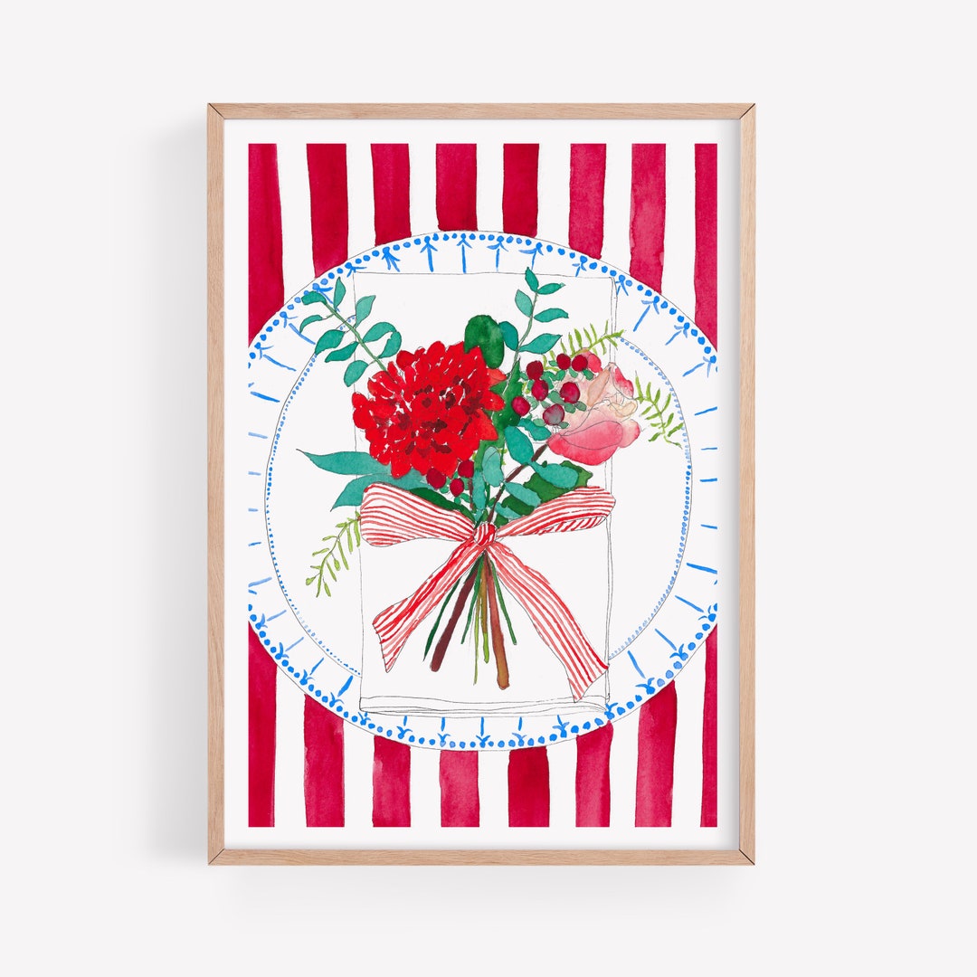 Red Posy Art Print / Floral Art Print / Red Stripe - Etsy