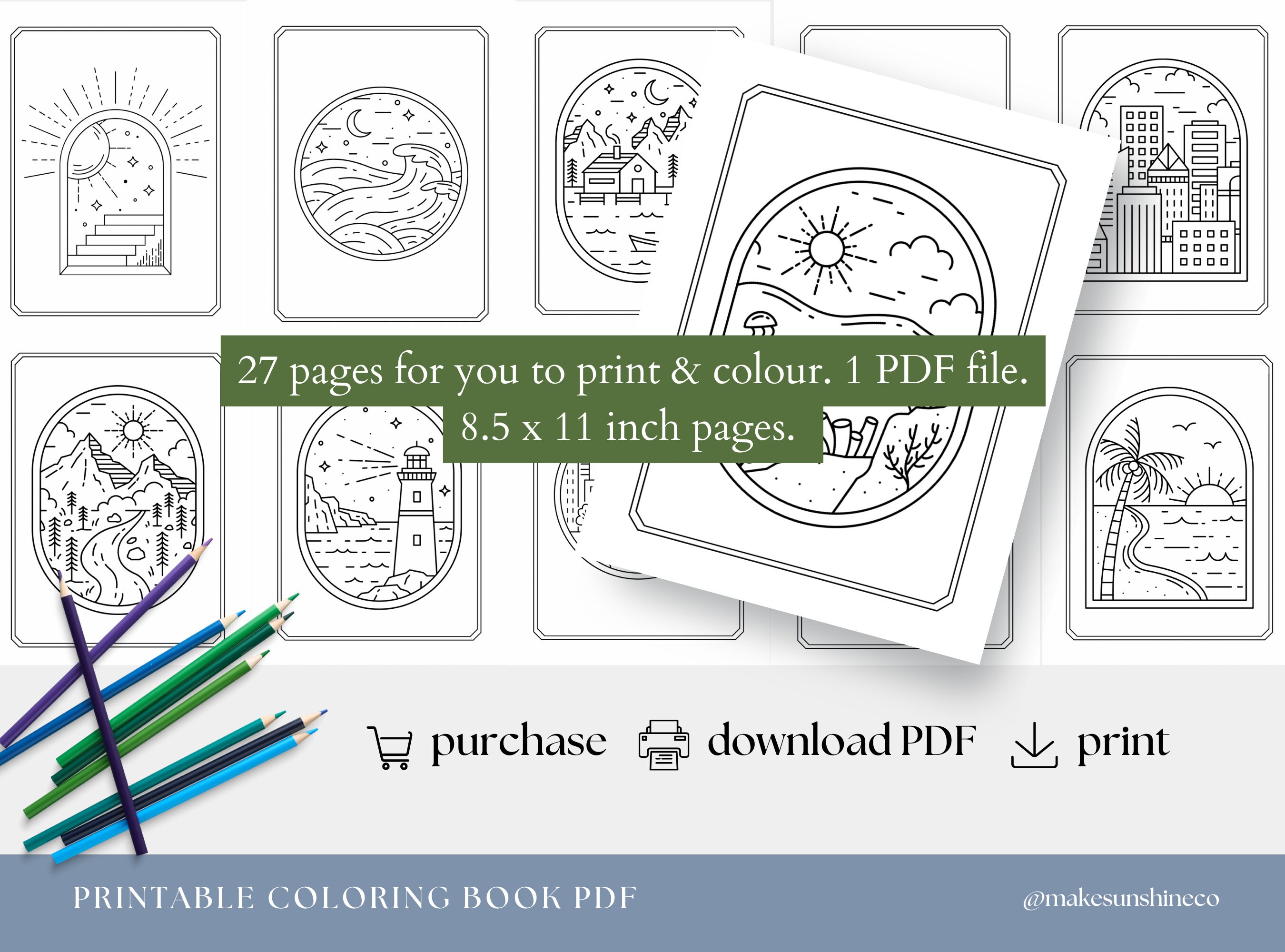 Landscape Line Art Modern Coloring Book Pages Printable PDF | 27 Line ...