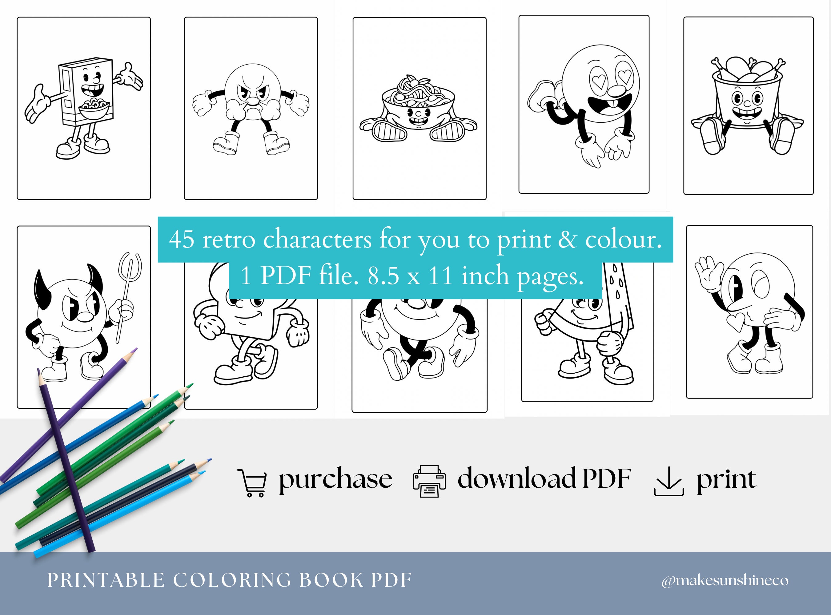 Retro Cartoon Characters Coloring Book Pages Printable PDF | 45 Old ...