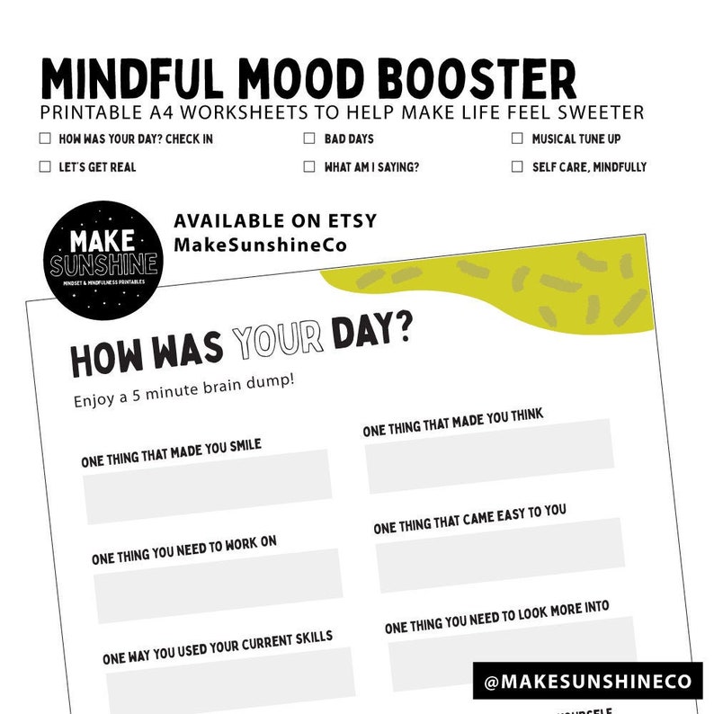 Printable MINDFUL MOOD Booster Worksheets to Learn More About Yourself ...