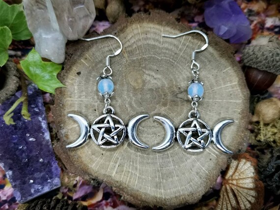 Triple Crescent Moon and Pentagram Moonstone Opalite Earrings - Etsy
