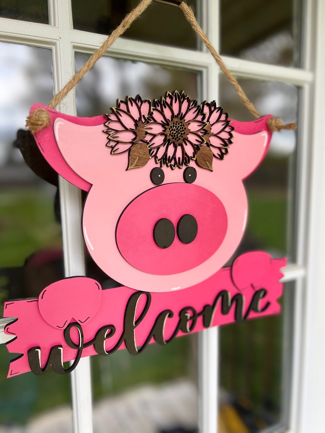 Flower Pig Welcome Sign, Layered, Wood, Customizable - Etsy