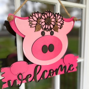 Flower Pig Welcome Sign, Layered, Wood, Customizable - Etsy
