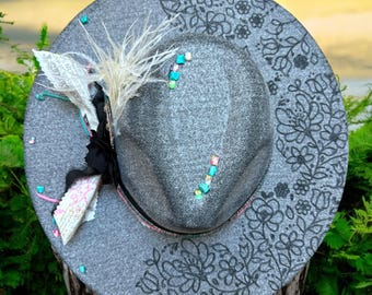 CUSTOM HAND BURNED Wide Brim Hat Branded Hat Flowers and Leaves Burned Hat Western Hat Wide Brim ...