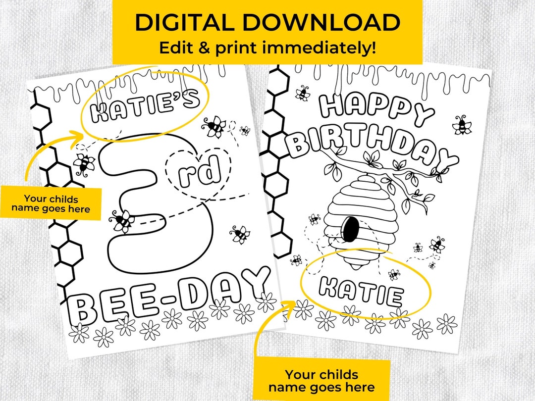 Three Bee Coloring Page Bee Three Coloring Sheet Bee Birthday Party ...