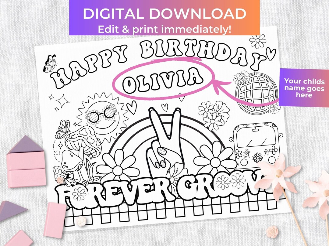 Personalize Groovy Girl Coloring Mat Printable Two Groovy Birthday ...