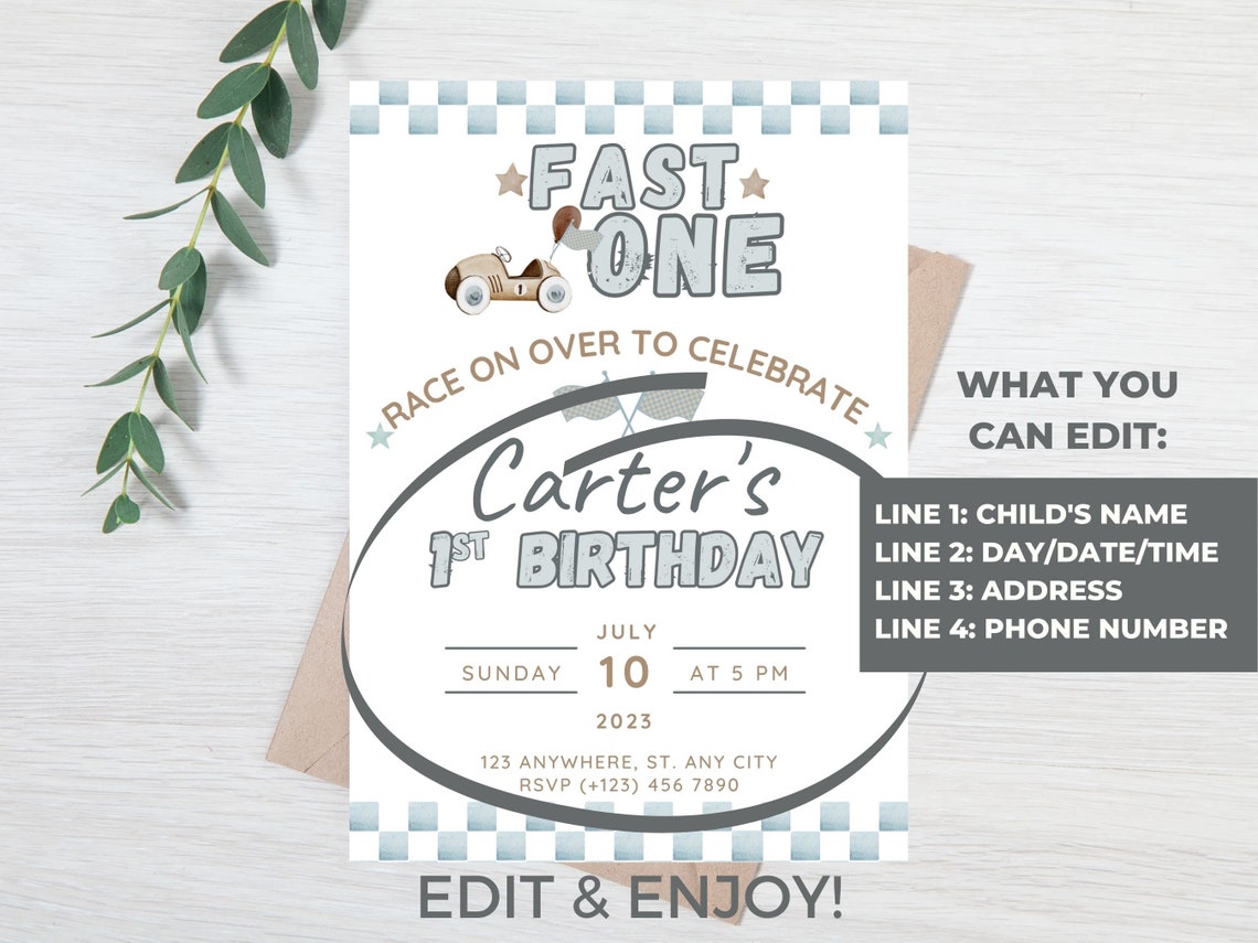 Fast One Birthday Invitation Fast One First Birthday Invite Race Car ...