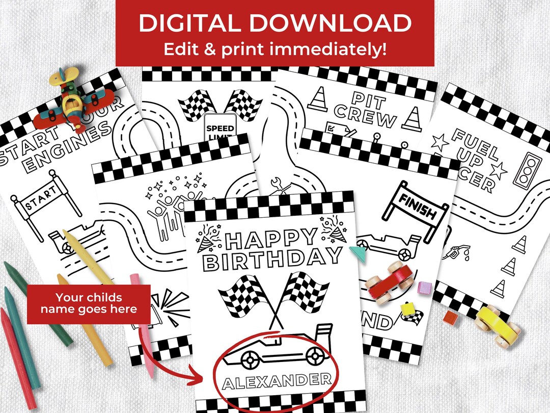 Editable Race Car Coloring Page Fast One Birthday Party Activity Custom ...