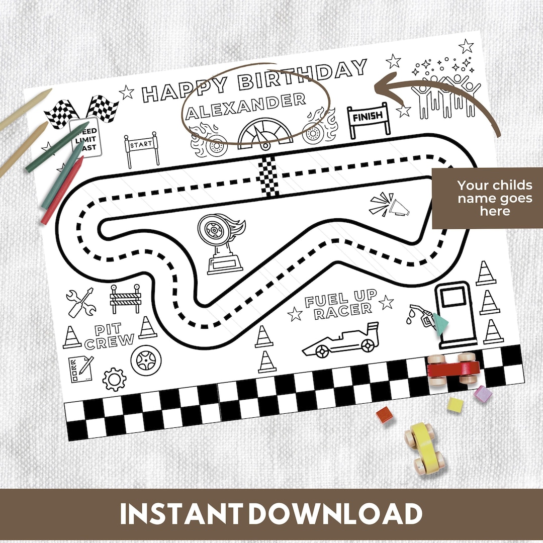 Racetrack Coloring Placemat Birthday Race Car Track Coloring Page ...