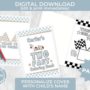 Editable Race Car Coloring Book Personalized Two Fast Birthday Party ...