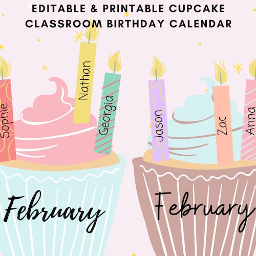 Printable Classroom Cupcake Birthday Calendar Instant - Etsy