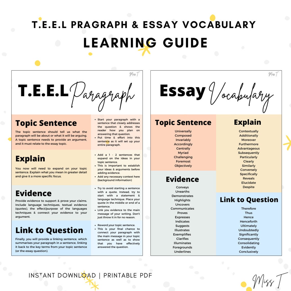 Pastel Rainbow TEEL Paragraph & Essay Vocabulary Learning | Etsy