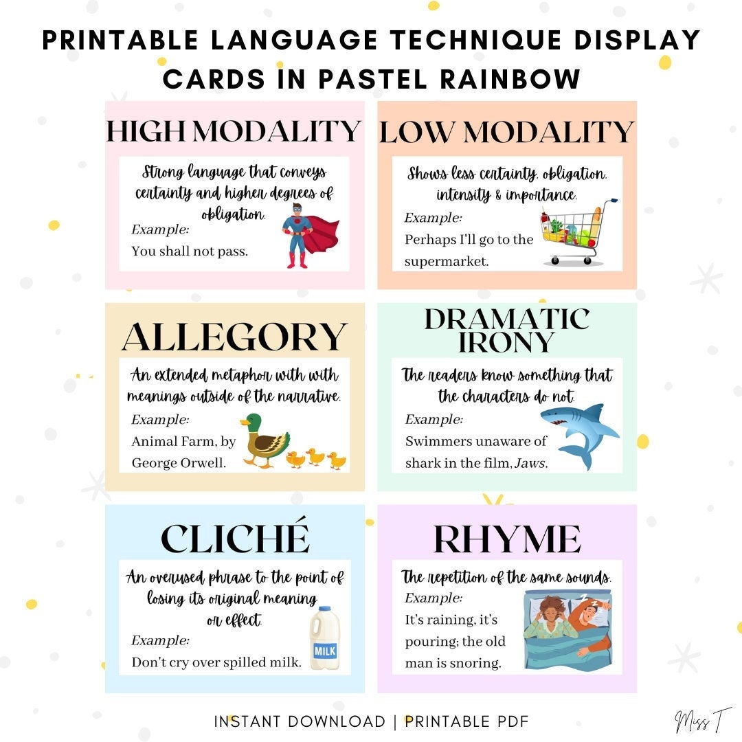 Printable Pastel Rainbow Language Technique and Devices Cards, Instant ...