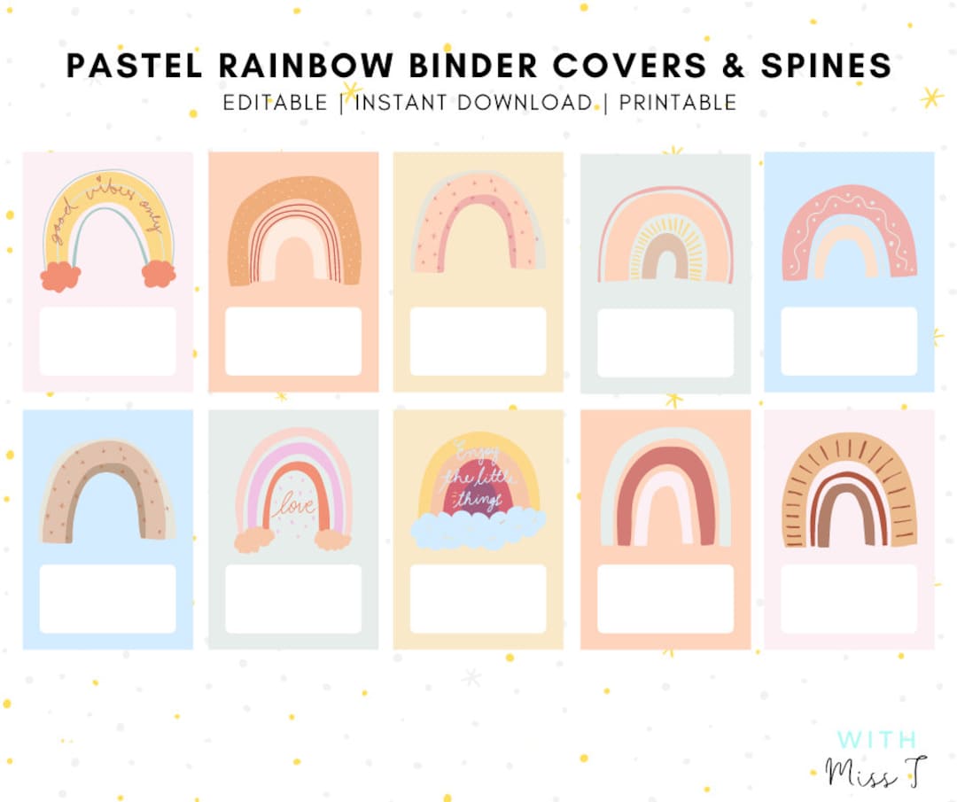 Pastel Printable & Editable Binder Covers in Organic Rainbow Design ...