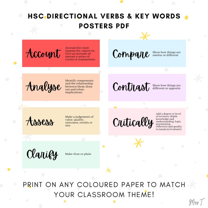 Printable HSC Directional Verbs and Key Words Posters - Etsy