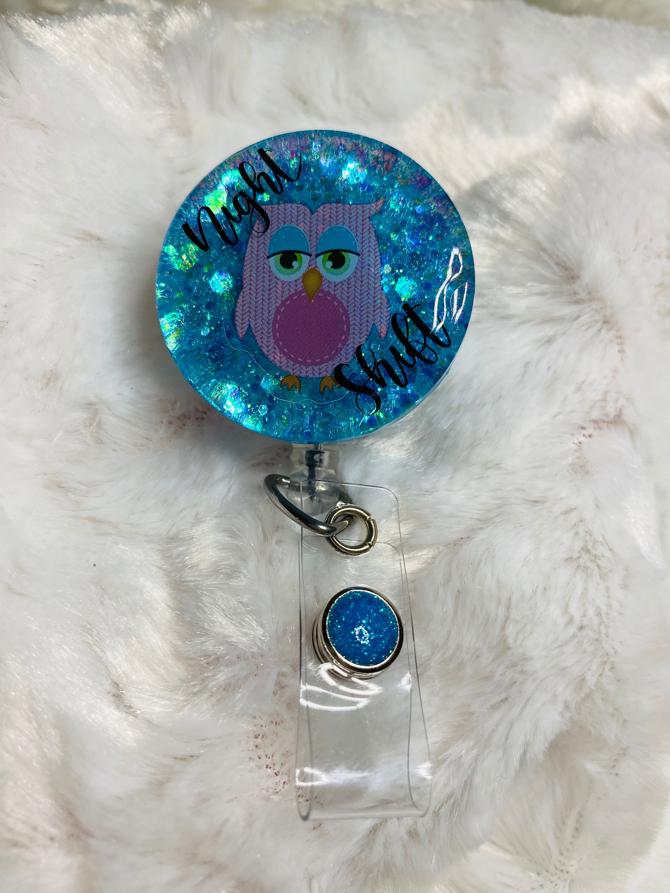 Night Shift/owl Badge Reel Owl With Blue Chunky Glitter - Etsy