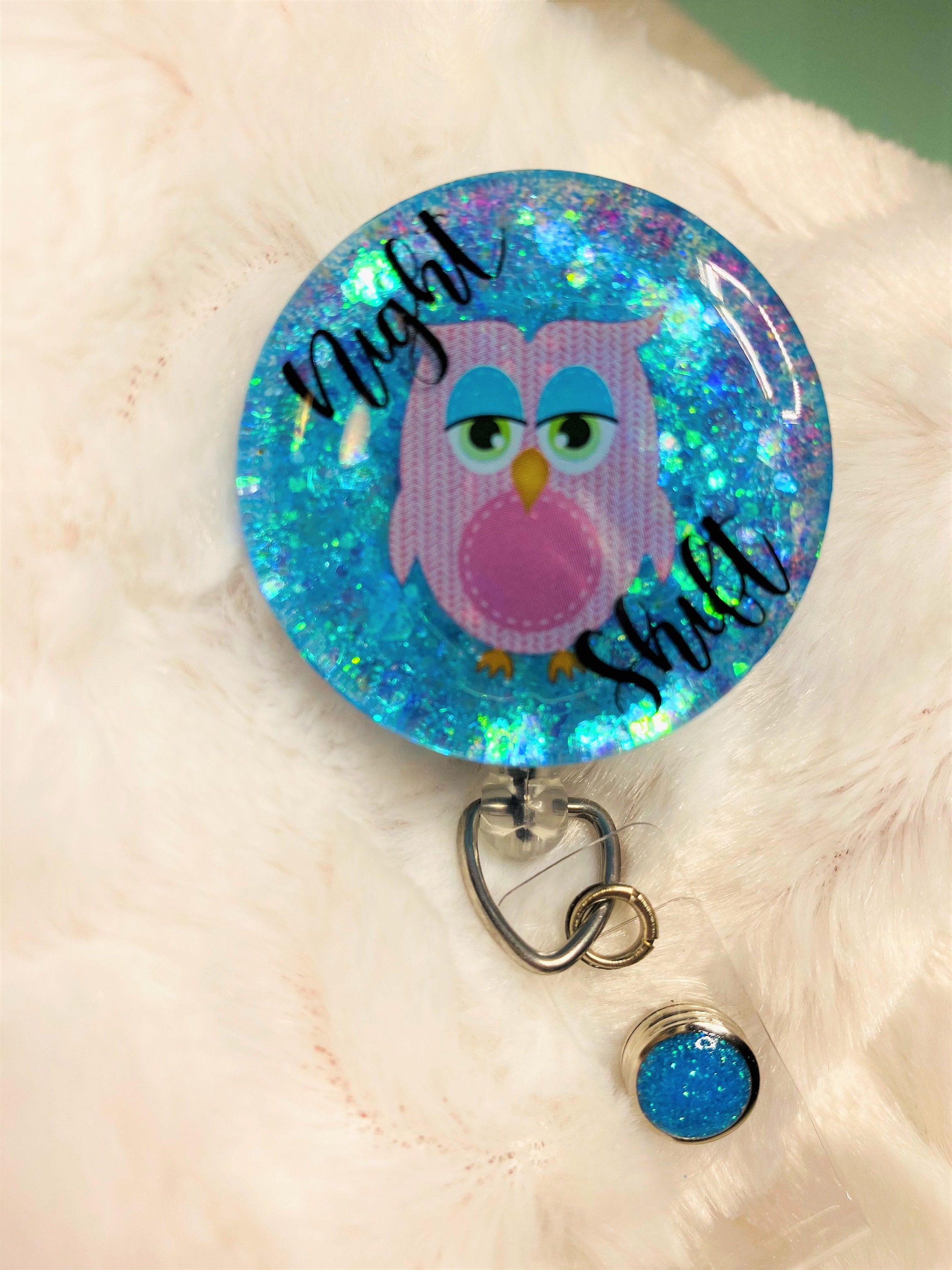 Night Shift/owl Badge Reel Owl With Blue Chunky Glitter - Etsy