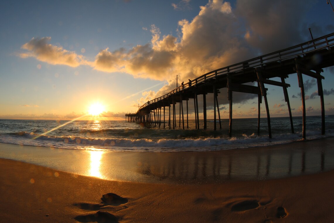 Avon North Carolina Fishing Pier Sunrise OBX Footprints in the Sand - Etsy