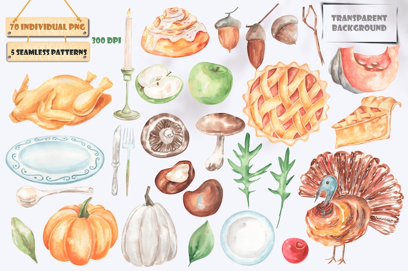 Thanksgiving Day Watercolor Clipart Autumn Watercolor Bundles Holliday ...