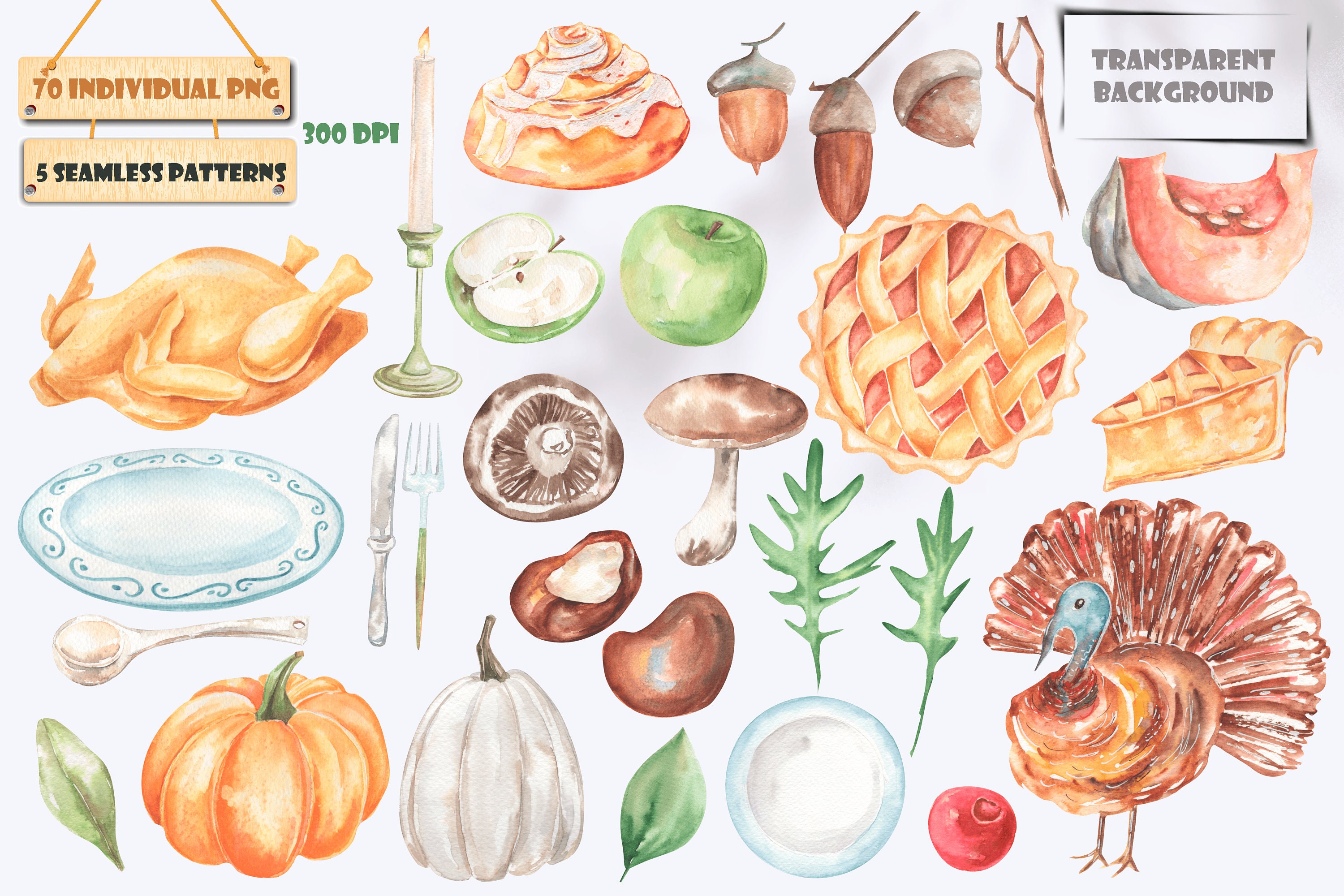 Thanksgiving Day Watercolor Clipart Autumn Watercolor Bundles Holliday ...