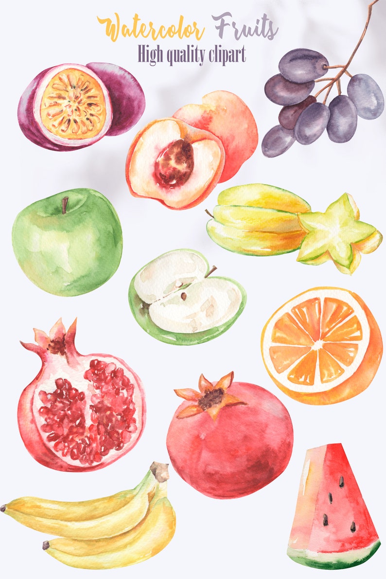 Watercolor Fruits Clipart. Watercolor Fruits PNG. Tropical | Etsy