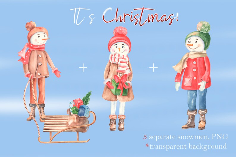 Watercolor Snowmen Clipart. Watercolor Christmas Clipart. Christmas ...