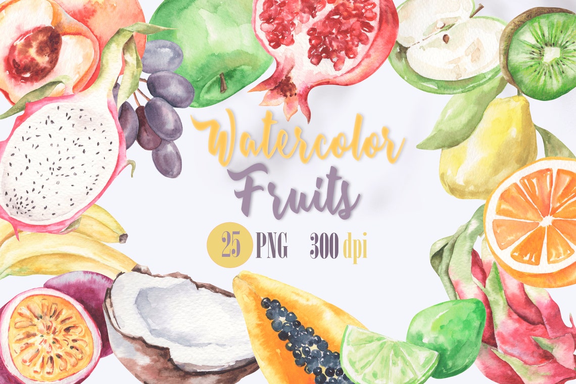 Watercolor Fruits Clipart. Watercolor Fruits PNG. Tropical - Etsy