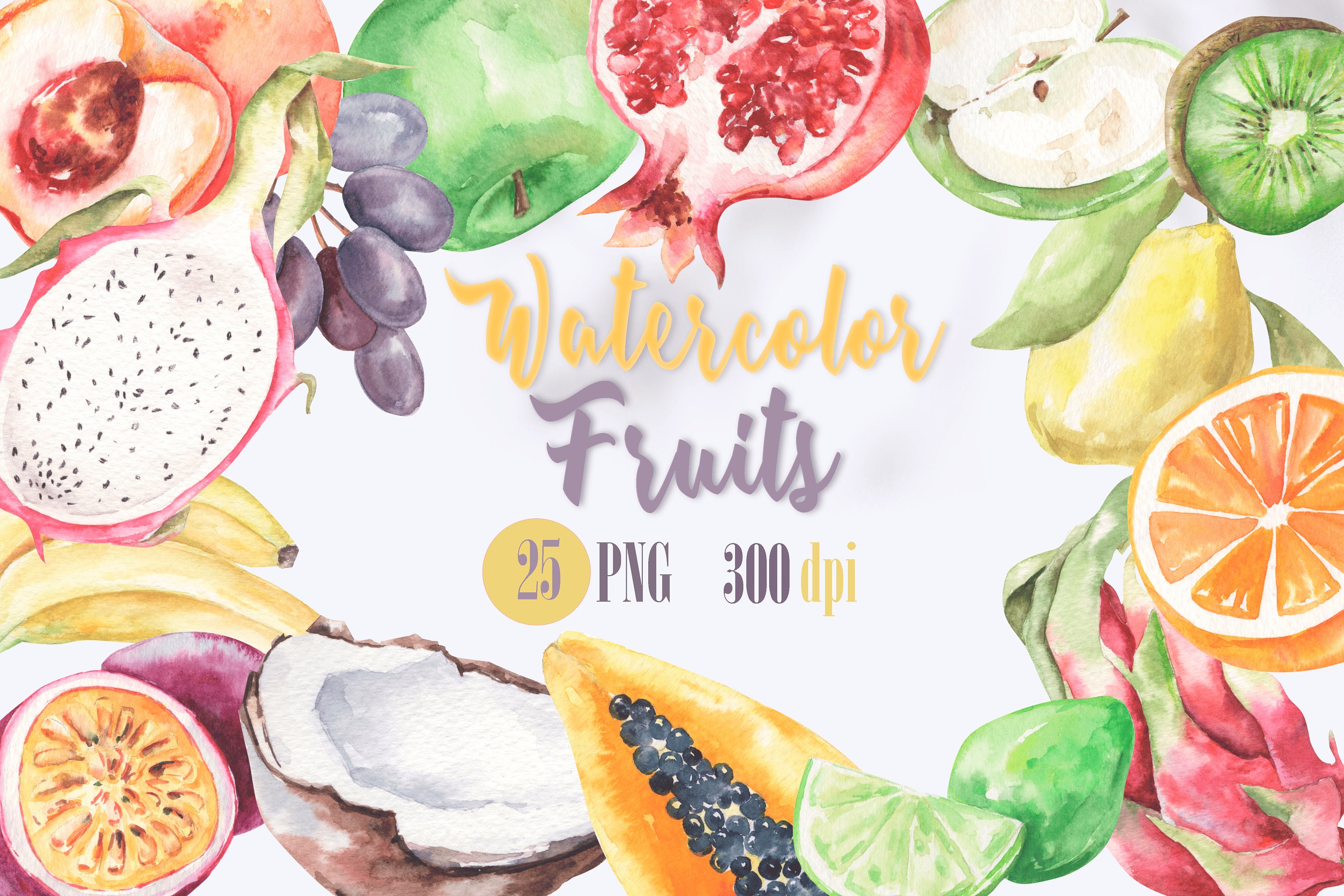 Watercolor Fruits Clipart. Watercolor Fruits PNG. Tropical Fruits ...