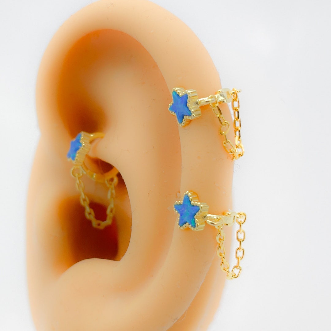 Piercing Rook 925 Silver Gold Plated Mini Blue Hoop Chain Tiny - Etsy