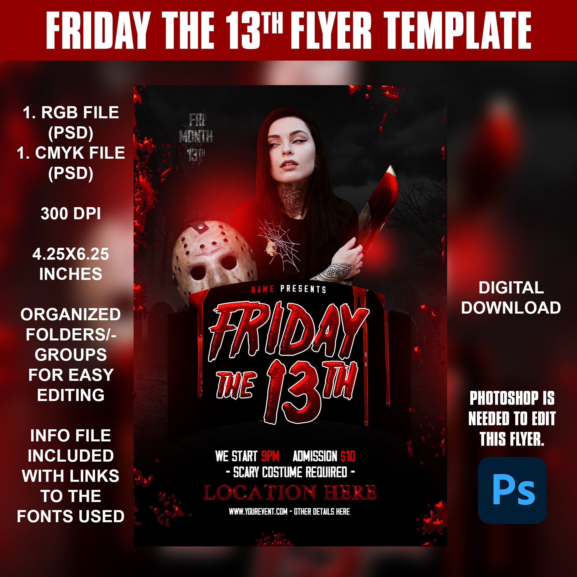 Friday the 13th Flyer - 4x6 - RGB & CMYK - Adobe Photoshop PSD Editable ...