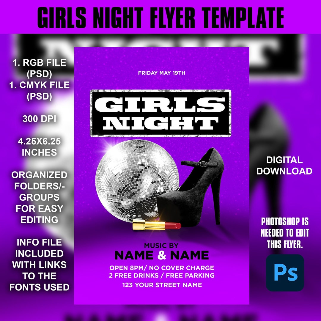 Girls Night Flyer 4x6 - RGB & CMYK - Adobe Photoshop PSD Editable Flyer ...