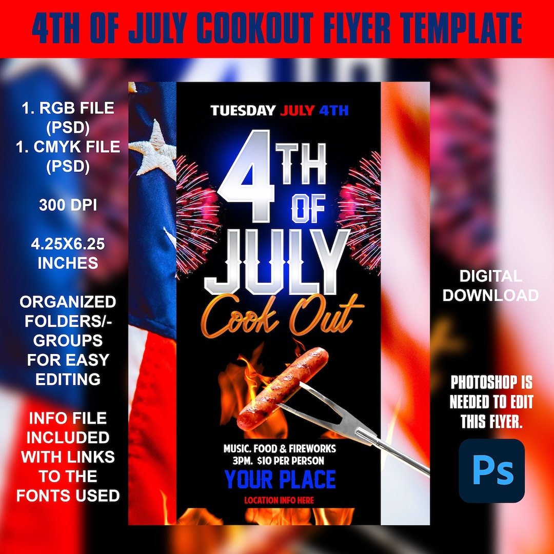 4th of July Cookout Flyer 4x6 - RGB & CMYK - Adobe Photoshop PSD ...