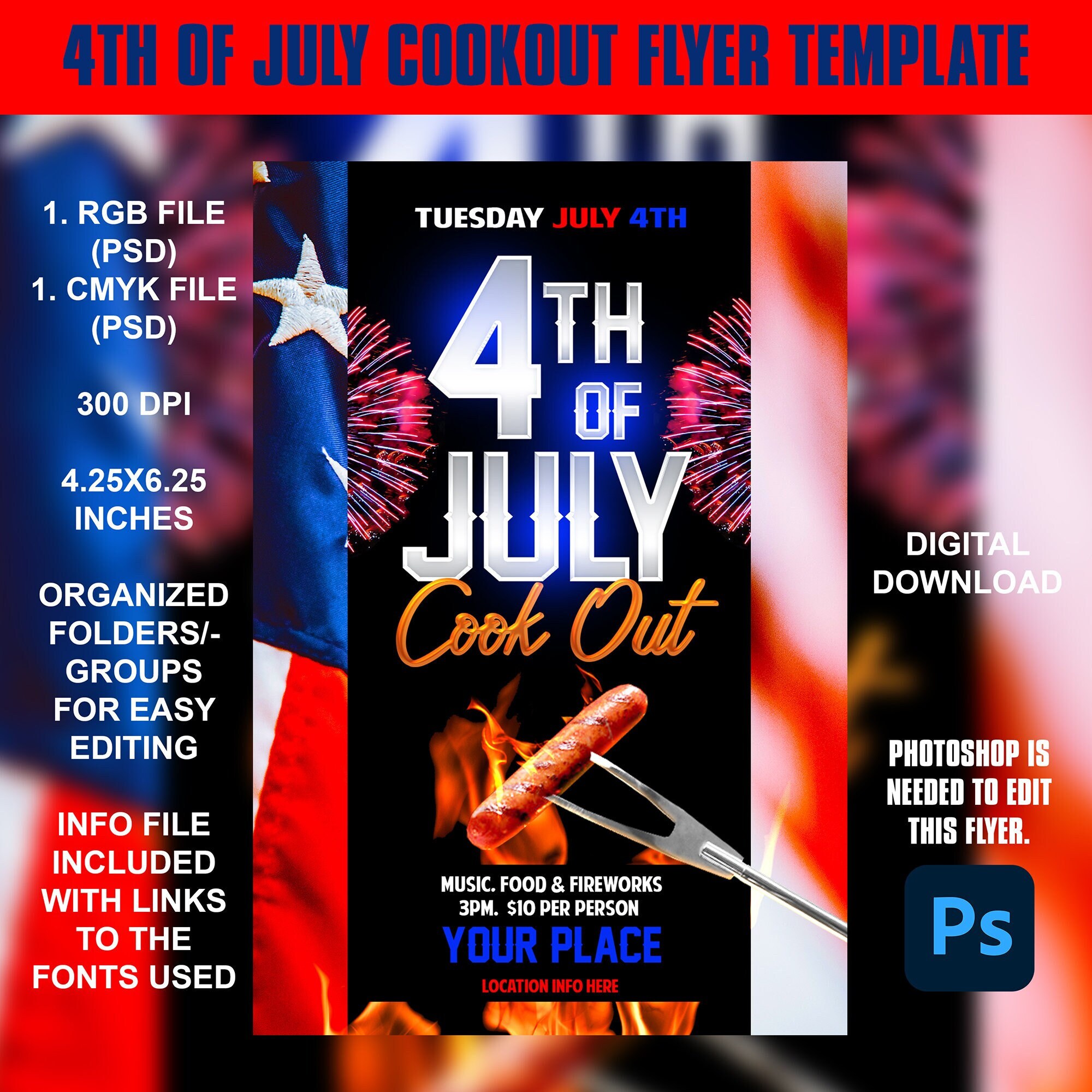 4th of July Cookout Flyer 4x6 - RGB & CMYK - Adobe Photoshop PSD ...