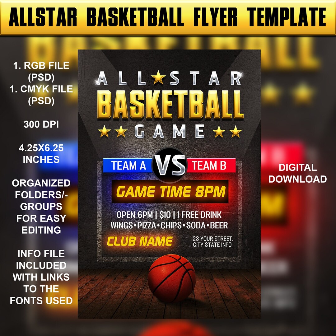 Allstar Basketball Flyer - 4x6 - RGB & CMYK - Adobe Photoshop PSD ...