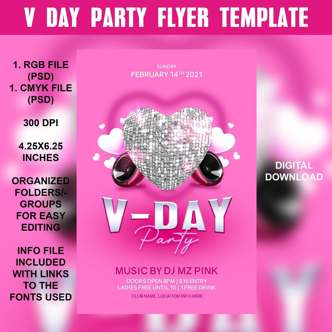 V Day Party Flyer Template - 4x6 - RGB & CMYK - Adobe Photoshop PSD ...