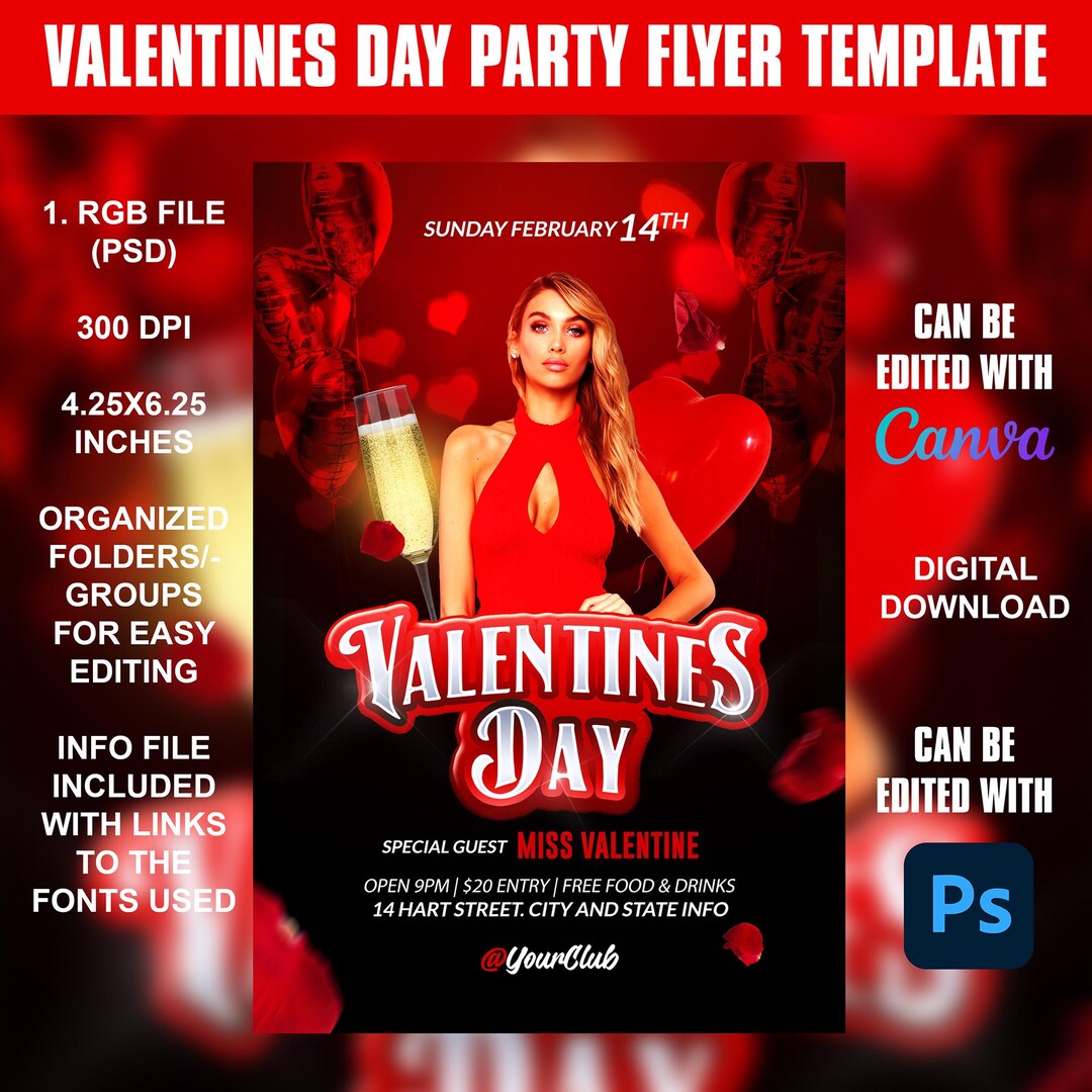Valentines Day Party Flyer - 4x6 - RGB - Canva / Photoshop Editable ...