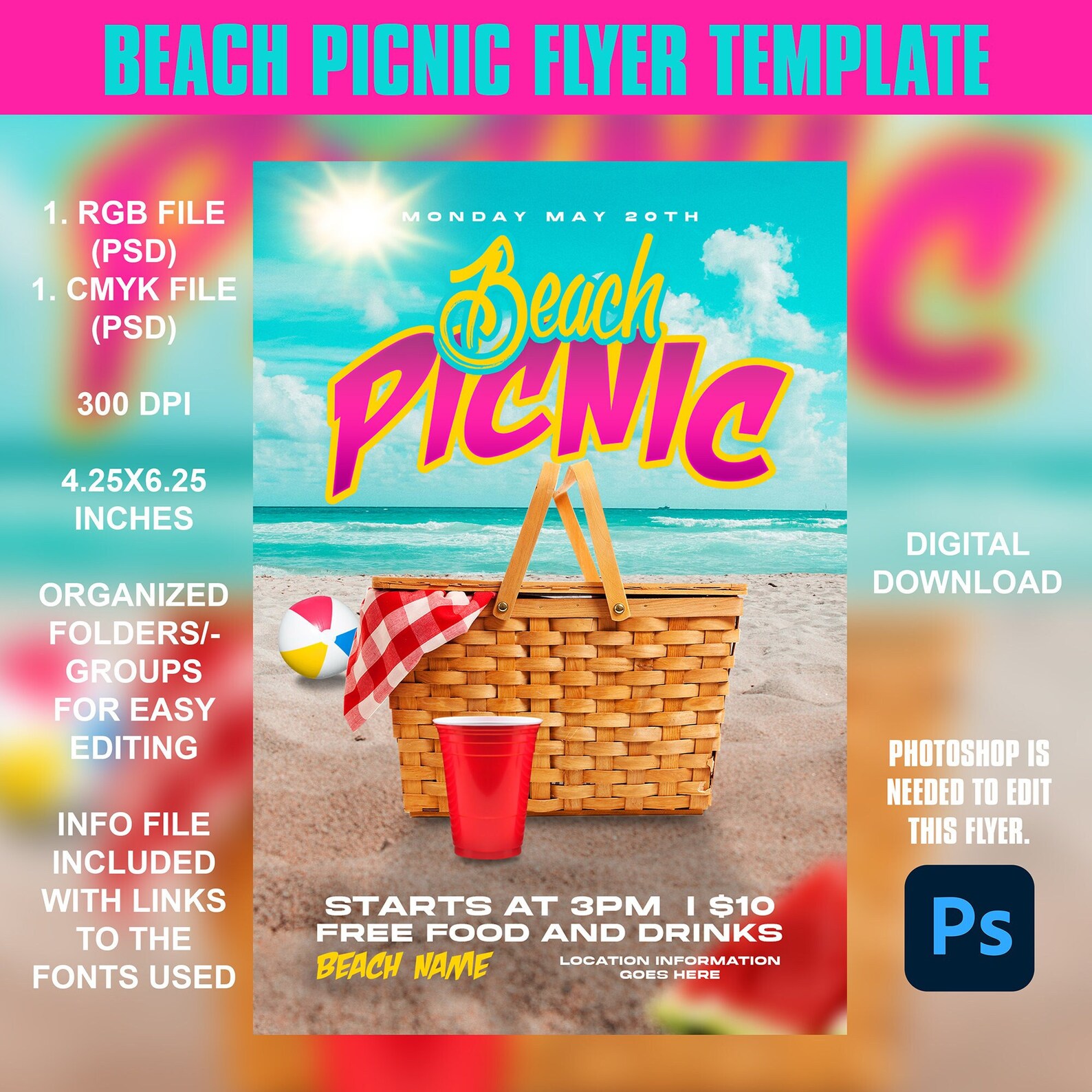 Beach Picnic Flyer - 4x6 - RGB & CMYK - Adobe Photoshop PSD Editable ...