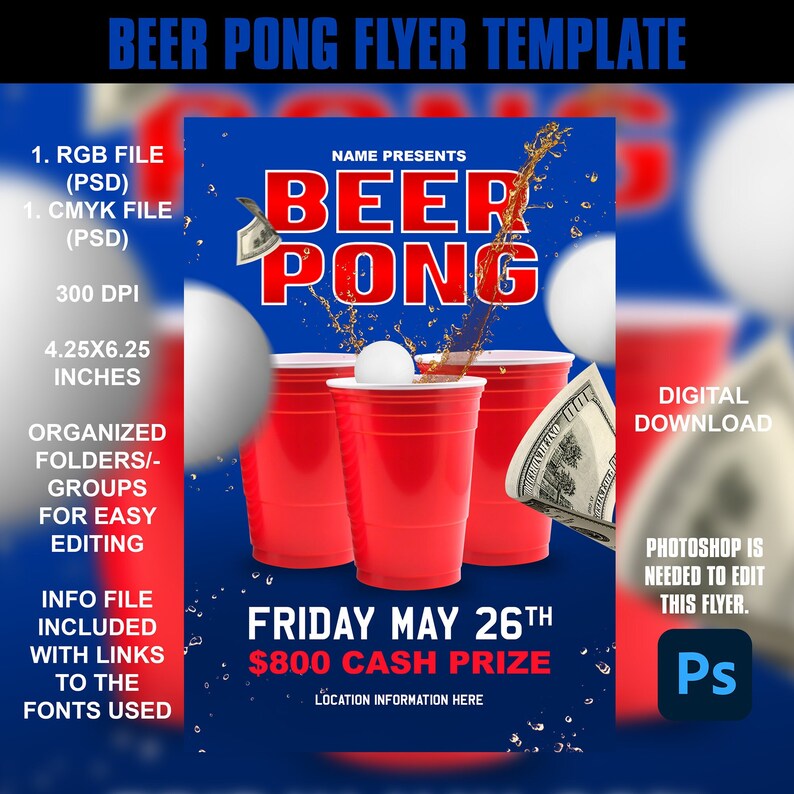 Beer Pong Flyer 4x6 - RGB & CMYK - Adobe Photoshop PSD Editable Flyer ...