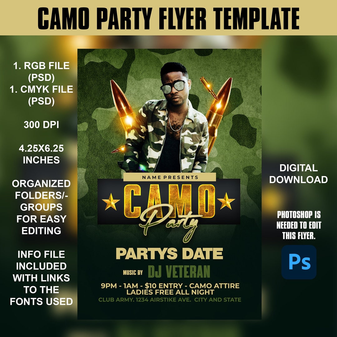Camo Party Flyer - 4x6 - RGB & CMYK - Adobe Photoshop PSD Editable ...