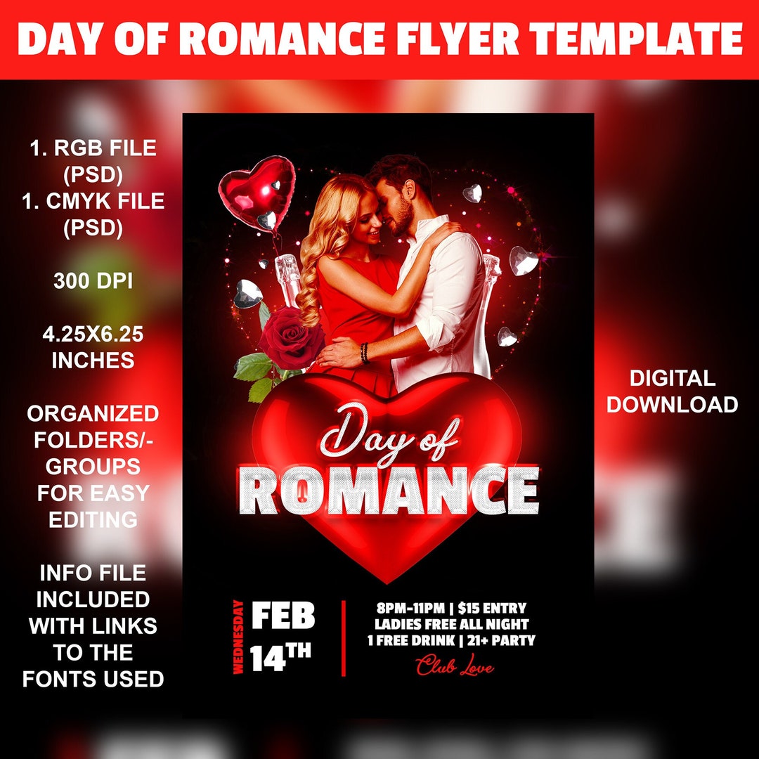 Day of Romance Flyer - 4x6 - RGB & CMYK - Adobe Photoshop PSD Editable ...