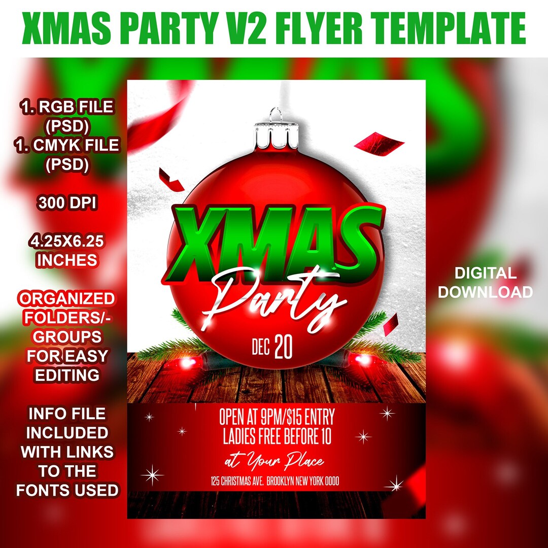 Xmas Party V2 Flyer Template - 4x6 - RGB & CMYK - Adobe Photoshop PSD ...