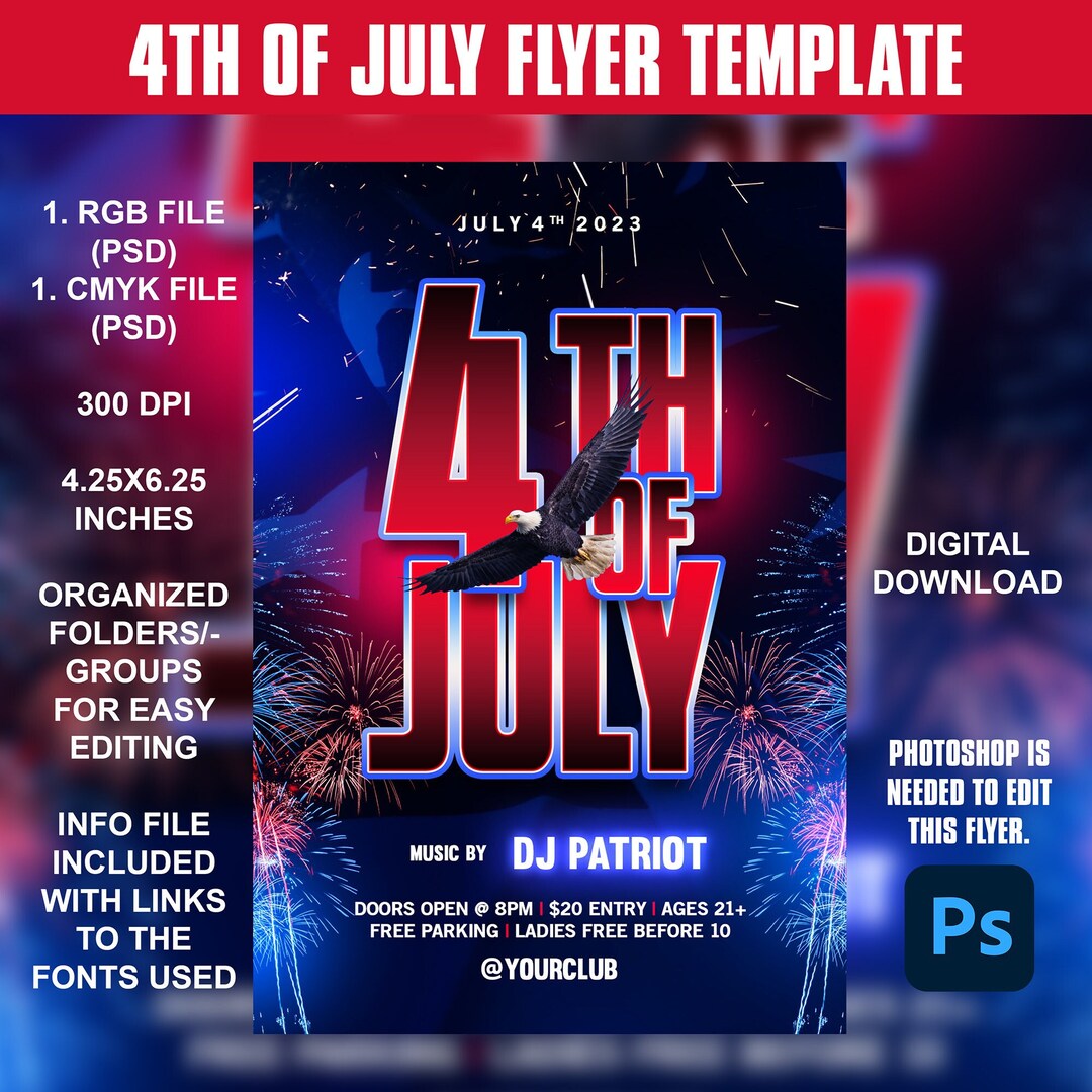 4th of July Flyer 4x6 - RGB & CMYK - Adobe Photoshop PSD Editable Flyer ...