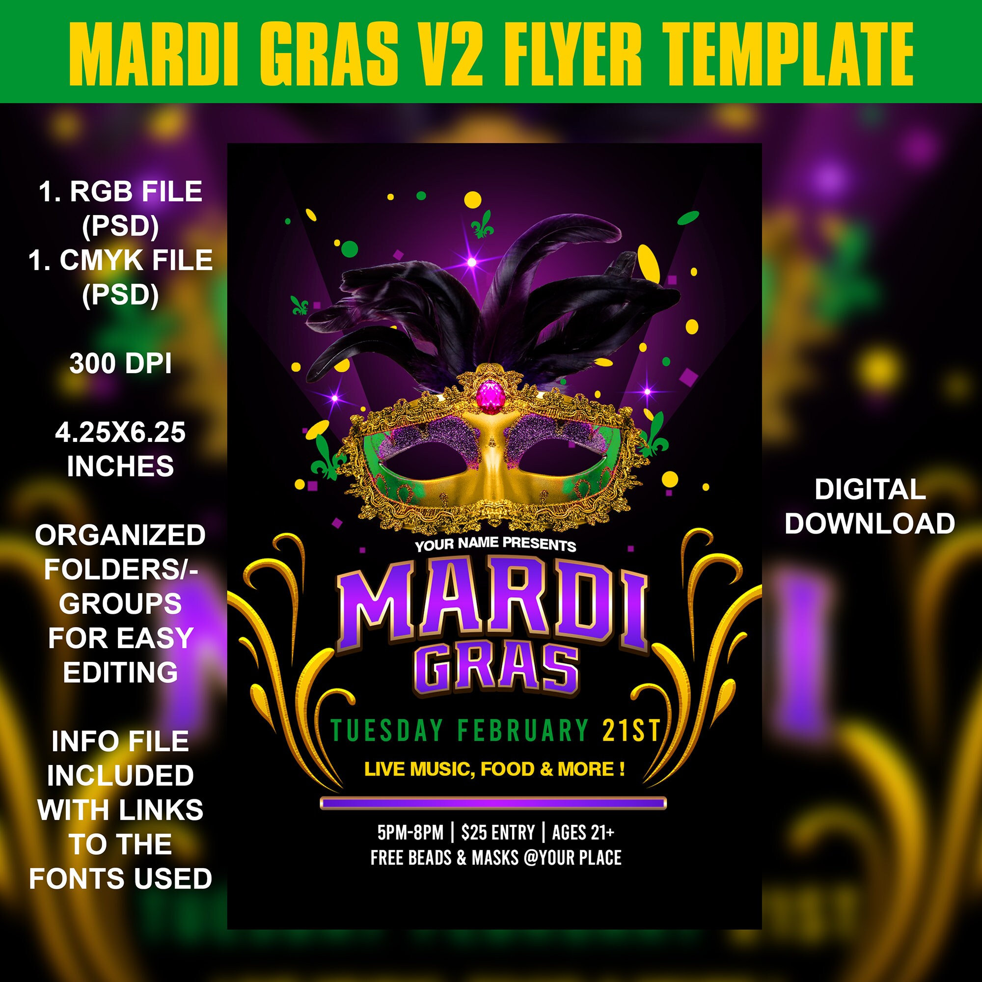 Mardi Gras V2 Flyer - 4x6 - RGB & CMYK - Adobe Photoshop PSD Editable ...