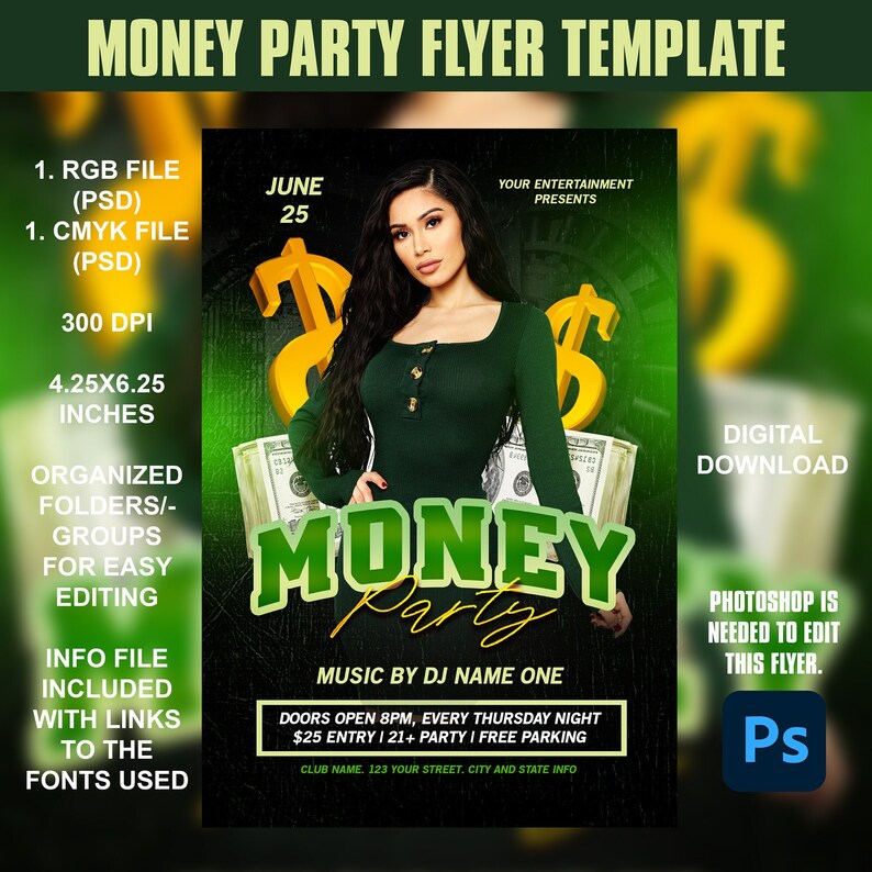 Money Party Flyer - 4x6 - RGB & CMYK - Adobe Photoshop PSD Editable ...
