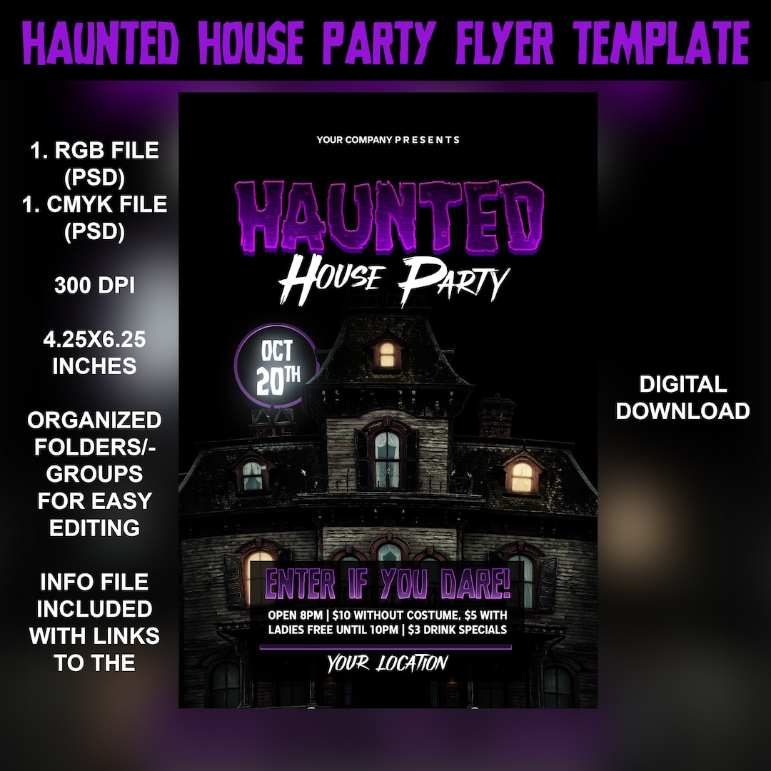 Haunted House Party Flyer Template 4x6 300dpi RGB & CMYK - Etsy