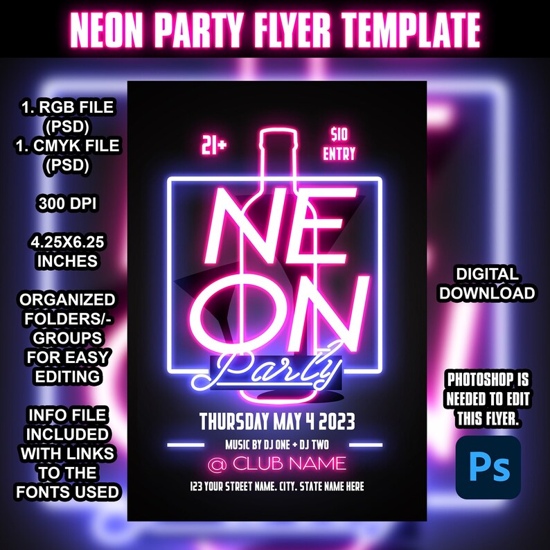 Neon Party Flyer - 4x6 - RGB & CMYK - Adobe Photoshop PSD Editable ...